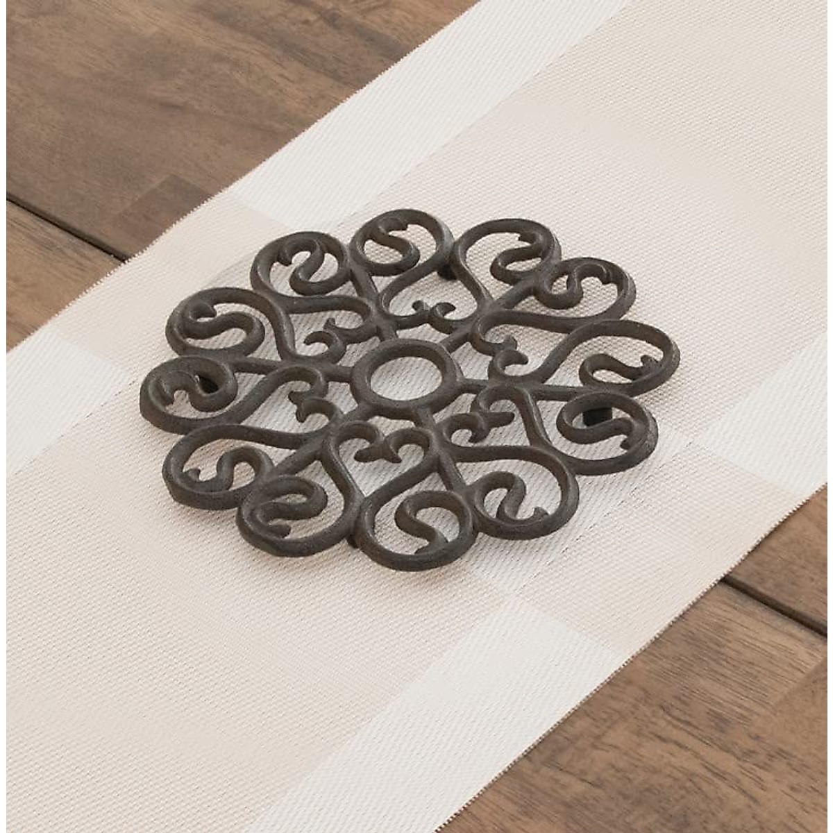 gasaré, Trivet for Hot Dishes, Pots and Pans, Metal Trivet, Victorian Design, Cast Iron, Rubber Feet Caps, Ring Hanger, 8 Inches, Brown Finish, 1 Unit