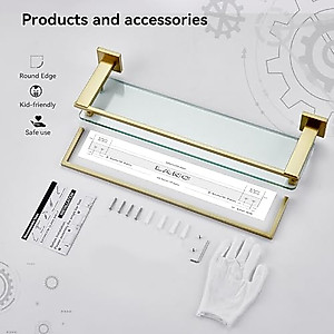LANC Bathroom Shelves with Towel Bar 20 Inch Gold Floating Tempered Glass Shelf with Towel Rails for Shower Bath Kitchen Storage Rack Wall Mounted Rustproof Stainless Steel Brushed Gold，A7615BG