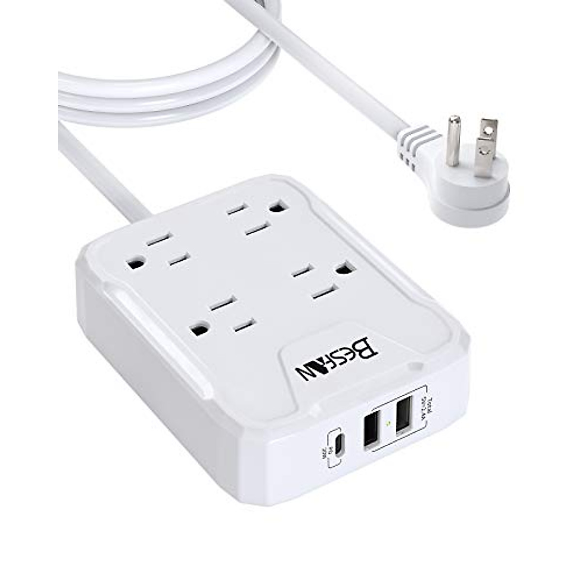 BESFAN Power Delivery Power Strip with USB C (20W), Electrical Outlet Extender with 4 Outlets, 2 USB-A Ports & 1 USB-PD Port, Flat Plug Extension Cord 4.6 Ft for Travel/Home/Office