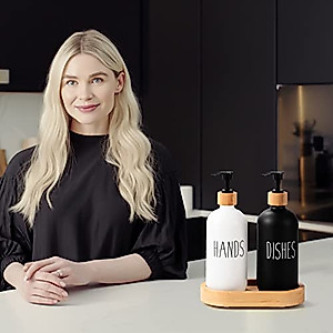 HULISEN Dish Soap Dispenser Set with Bamboo Tall Tray, Kitchen Soap Dispenser Set, Matte Hand and Dish Soap Dispenser Set for Modern/Boho/Farmhouse Kitchen Decor (Black & White)