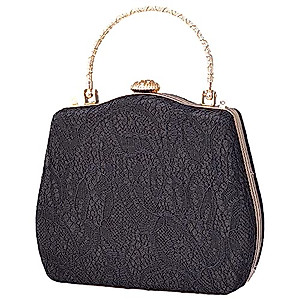 Anopo Evening Clutch Purse Bridal Lady Floral Lace PU Hard Shell Crossbody Bag Top Handle Lock Buckle Handbag Wedding Prom Black