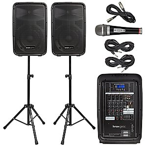 Knox Gear Dual Speaker and Mixer Set–Portable 8” 300 Watt DJ PA System with Wired Microphone & Tripod Stands, Amplifier, Bluetooth, USB, SD, 1/4” Line RCA, XLR Inputs, Ideal for a party or event