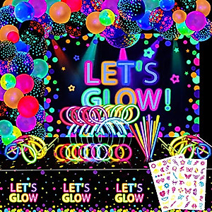 192 Pcs Glow in The Dark Party Supplies - Include Let's Glow Neon Party Backdrop, Neon Balloons, Tablecloth, Glow Sticks Party Pack, Glow Party Supplies Blacklight Neon Party Decorations