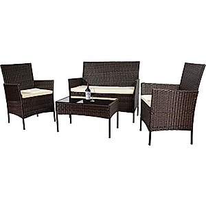 4 Pieces Outdoor Furniture Set Patio Rattan Conversation Furniture Set All-Weather Wicker Bistro Set Comfortable Chairs and Coffee Table Outdoor Indoor Use Patio Poolside Backyard Garden (Brown)