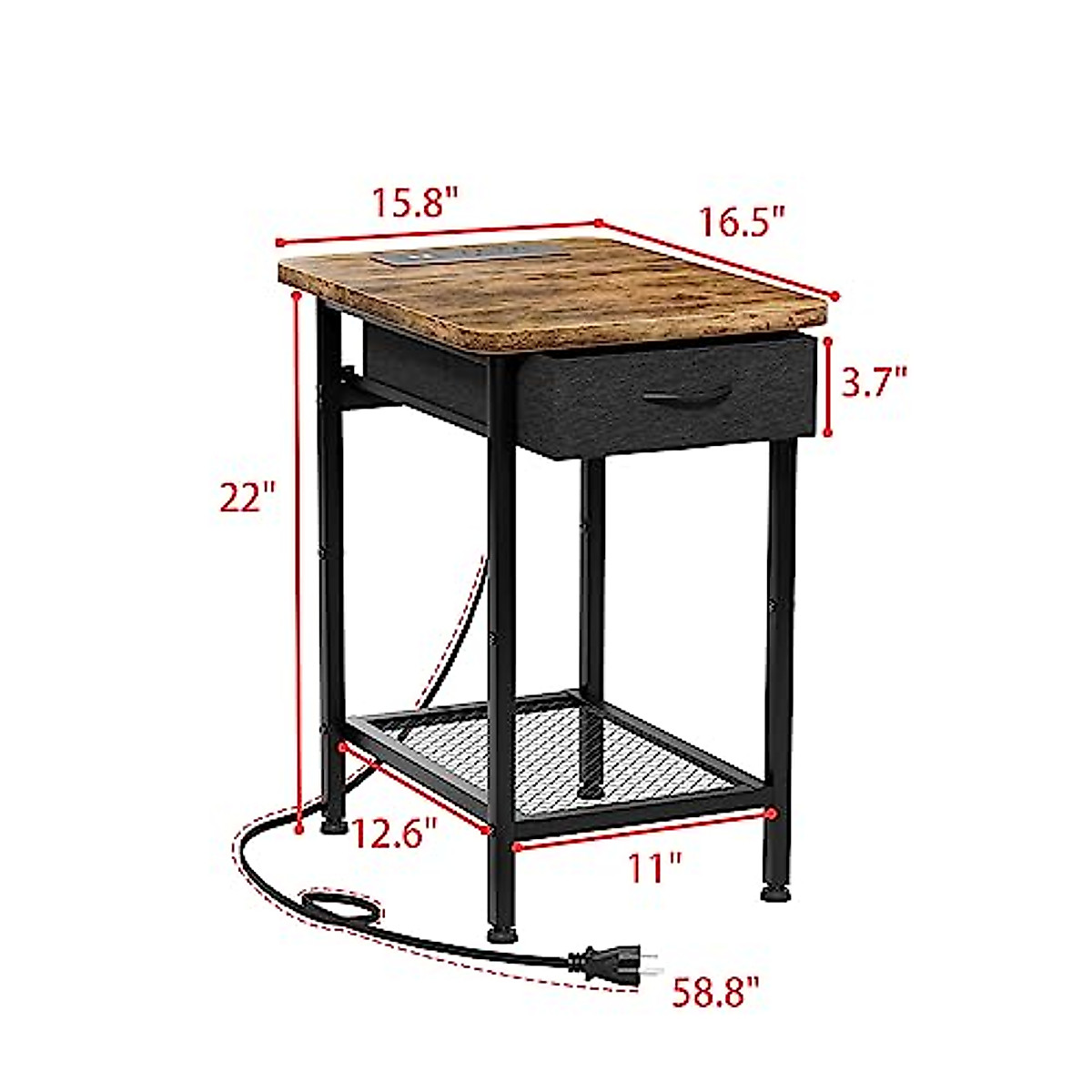 GYIIYUO Nightstands Set of 2 with Charging Station and Fabric Storage Drawer,16.5" x 15.8" Side Table with Storage for Bedroom, Bedside Tables with Steel Fram, Rustic Brown and Black