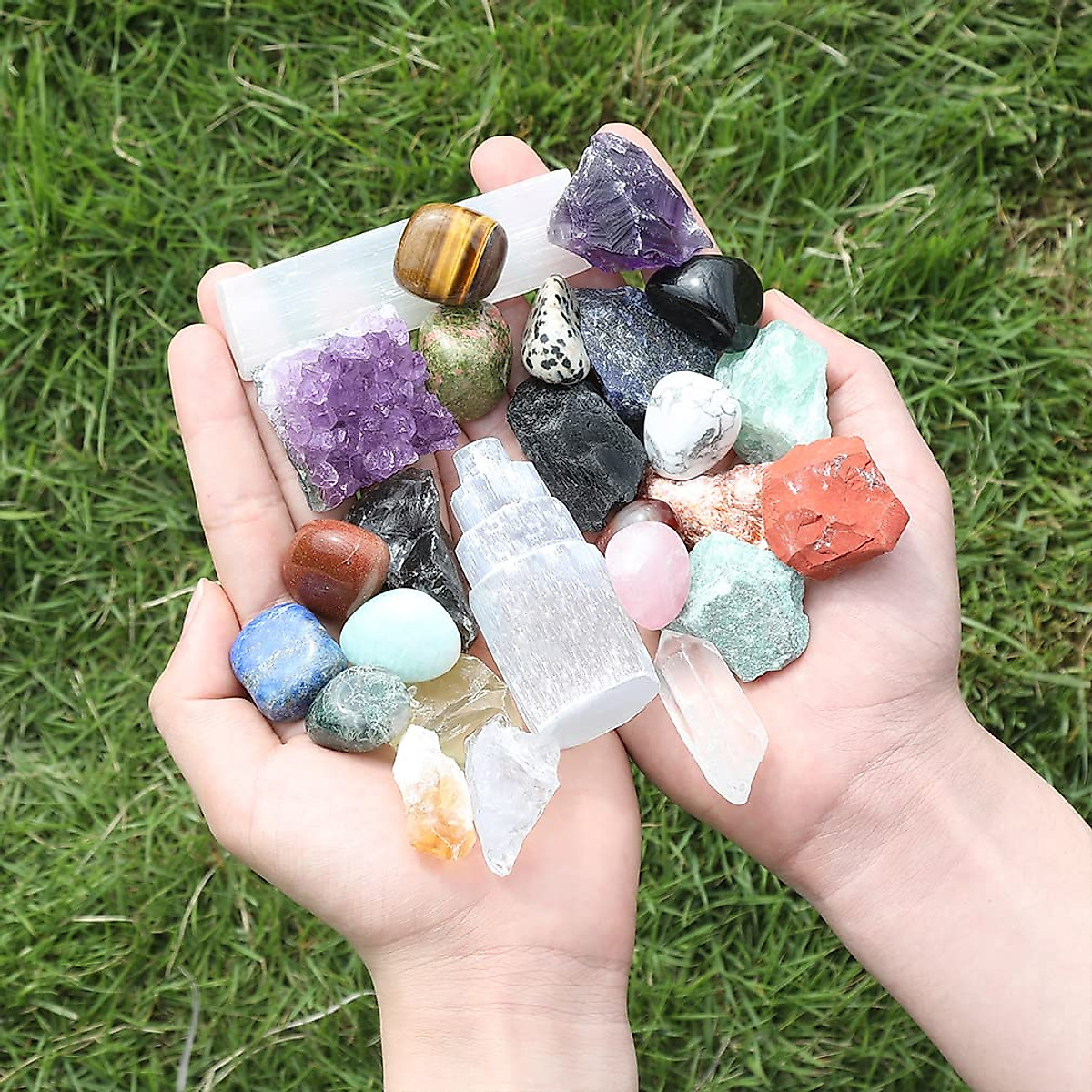 30 PCS Crystals and Stones Set - Natural Raw Healing Crystals & Tumbled Chakra Stones, Premium Protection Crystals Gift Kit Display in Wooden Box + Info Guide