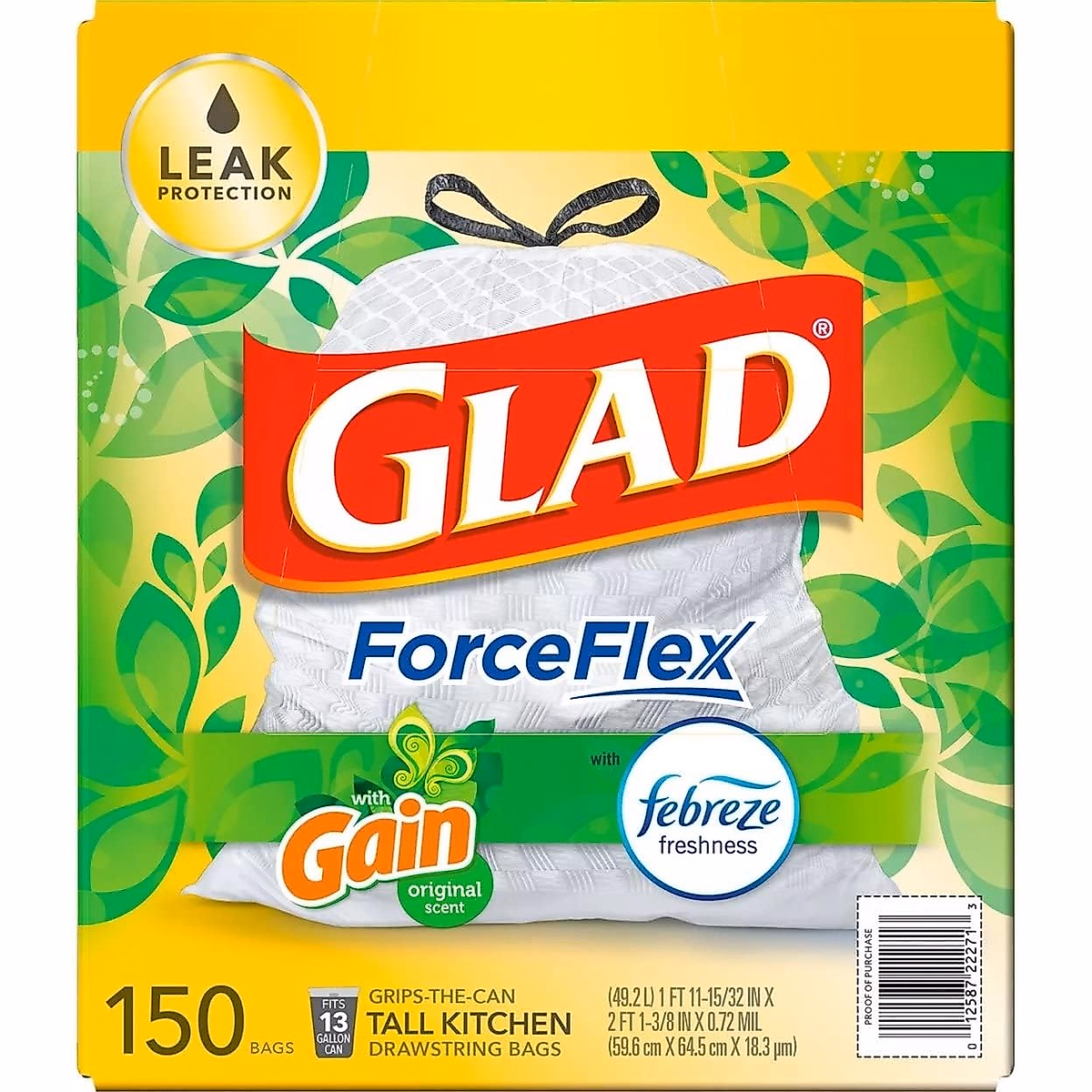 GLAD ForceFlex Tall Kitchen Drawstring White Trash Bags, Gain Original Scent with Febreze Freshness (13 gal, 150 ct.)