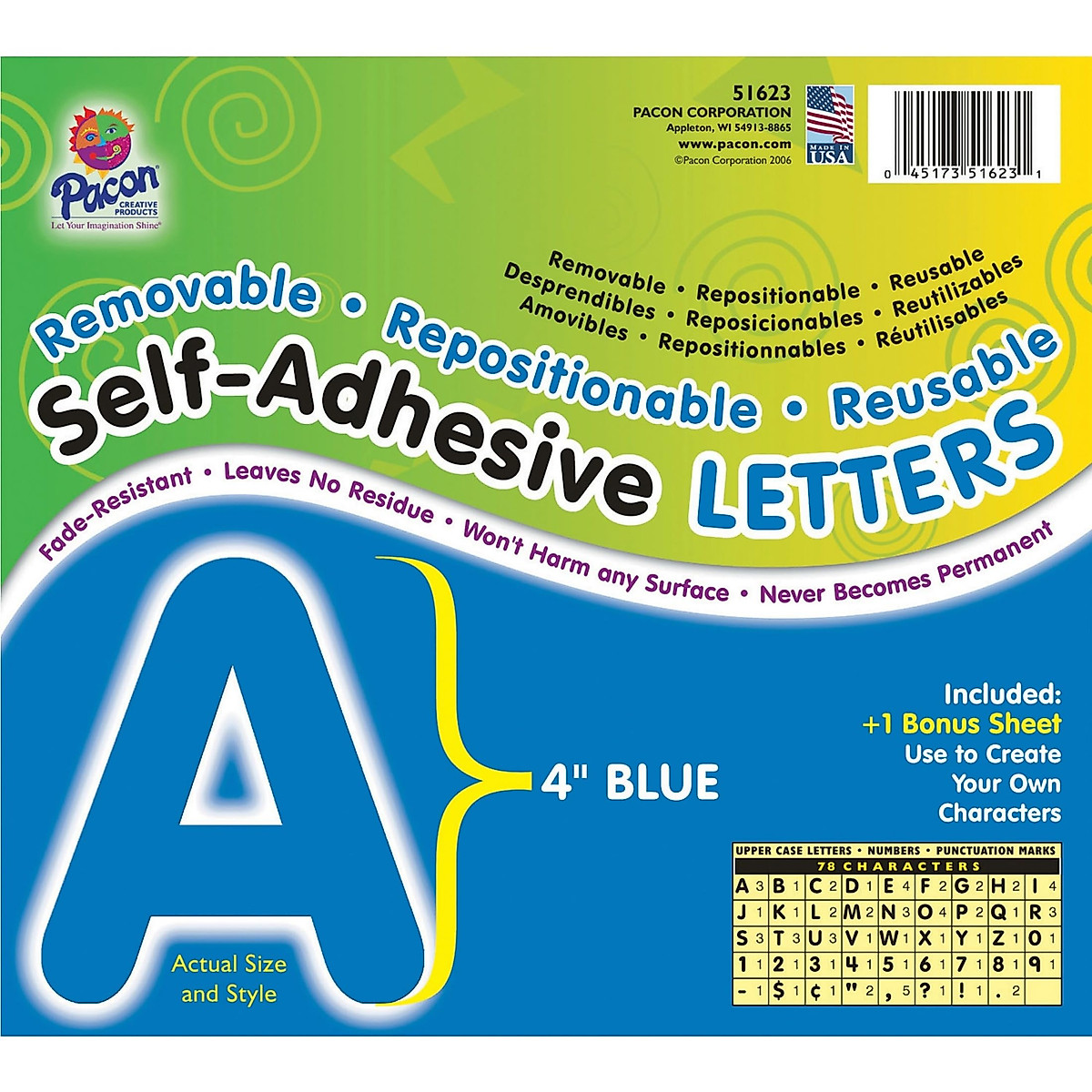 Pacon 0051623 Self-Adhesive Reusable Letter, 4", Blue, Pack of 78