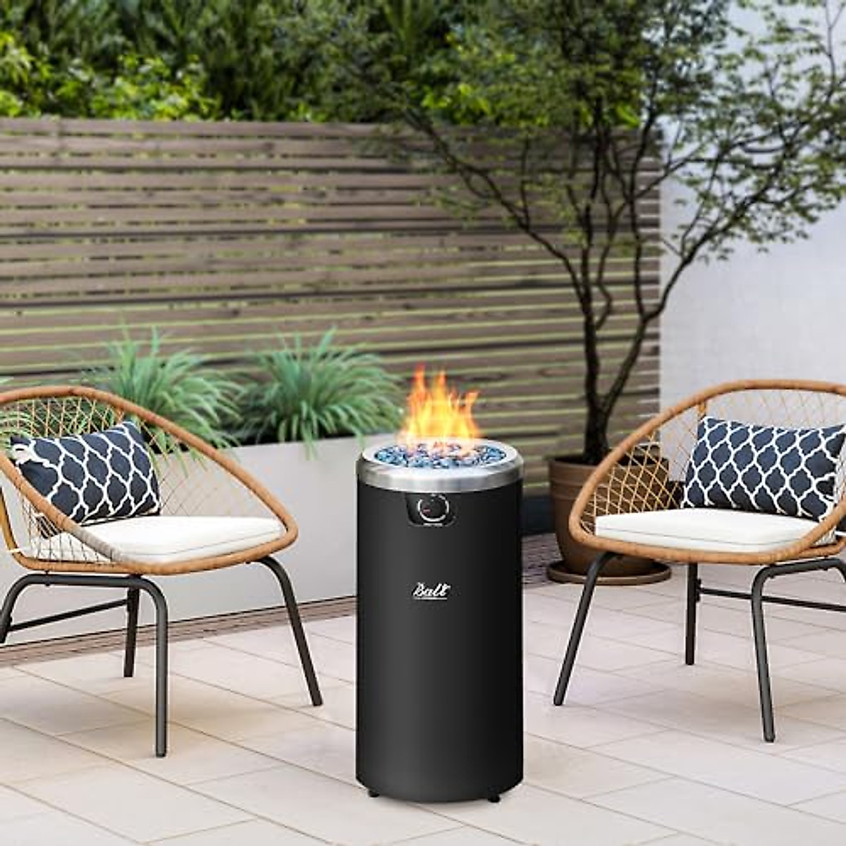 BALI OUTDOORS Round Propane Fire Pit Gas Firepit Fire Column, Blue Fire Glass, 15'' D x 32.6''H, Black