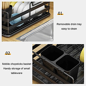 2 Tier Dish Drainer Rack, Large Capacity Kitchen Countertop Organizer, with 360° Rotation Guide Sink Tray & Chopstick Holder, for Above The Sink