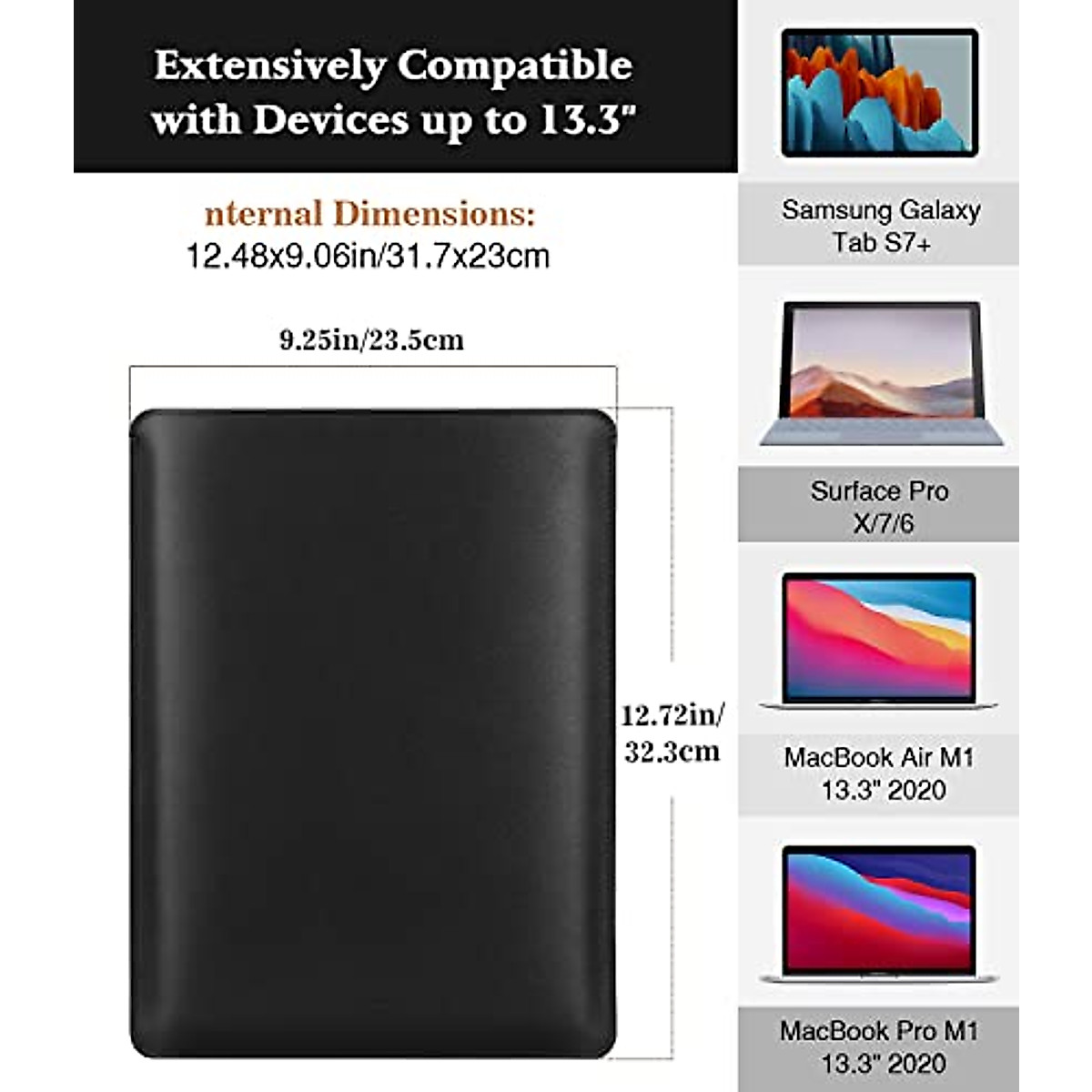 MoKo Laptop Sleeve Compatible with 13.3 MacBook Air Pro, iPad Air/Pro 13 inch, Surface Pro 9/8, PU Leather Notebook Briefcase Carrying Bag Slim Stylish Case Pouch, Black