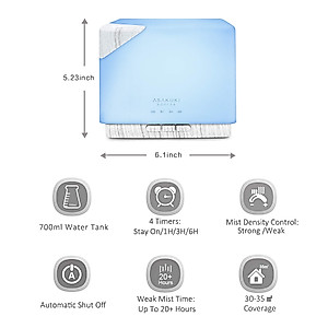 ASAKUKI 700ml Premium Essential Oil Diffuser, 5 in 1 Ultrasonic Aromatherapy Fragrant Oil Vaporizer Humidifier, Timer and Auto-Off Safety Switch, 7 LED Light Colors