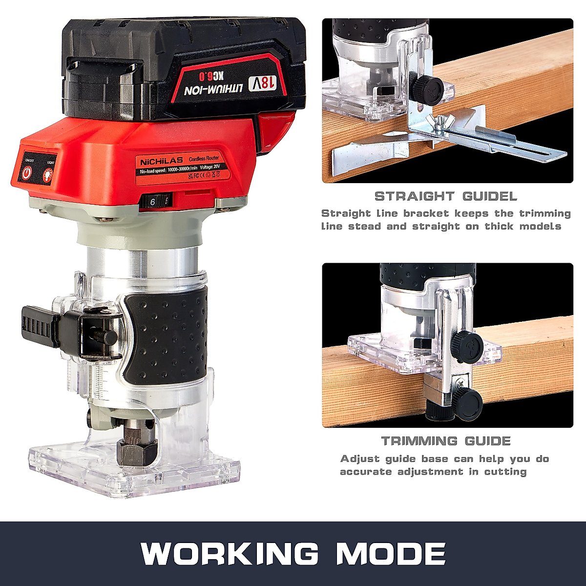 Cordless Trimmer Routers for Milwaukee M18 Battery, Woodworking Joiner, Cutting Palmming Tool 6 Speed Adjustable, LED Light, 1/4" Collet with Guide Ruler and Wheel