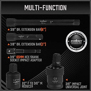 HORUSDY 3/8" Drive Impact Socket Set, 50-Piece Standard SAE (5/16 to 3/4 inch) and Metric (8-22mm) Size, 6 Point, Cr-V, 3/8-Inch Drive Ratchet Handle, Drive Extension Bar, Impact Universal Joint