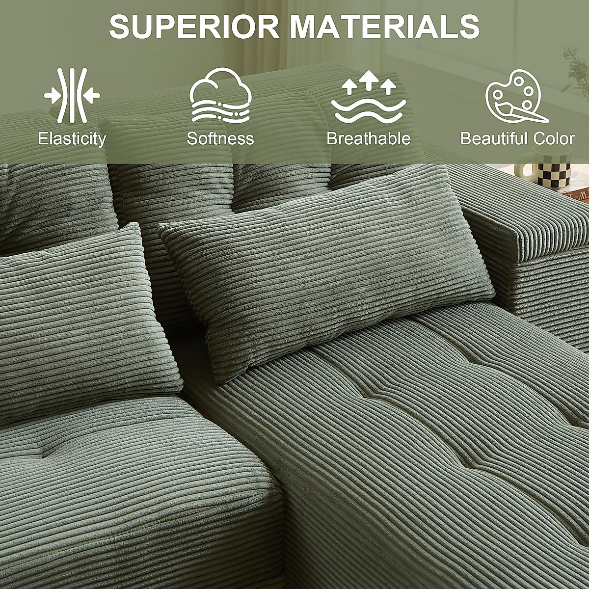 BUIORD 93.5" Convertible Oversize Corduroy 3 in 1 Sleeper & Sectional Sofa,L-Shaped Sofa with 4 Storage Space for Living Room,Pull-Out Sofa Bed with 4 Pillows (Green)