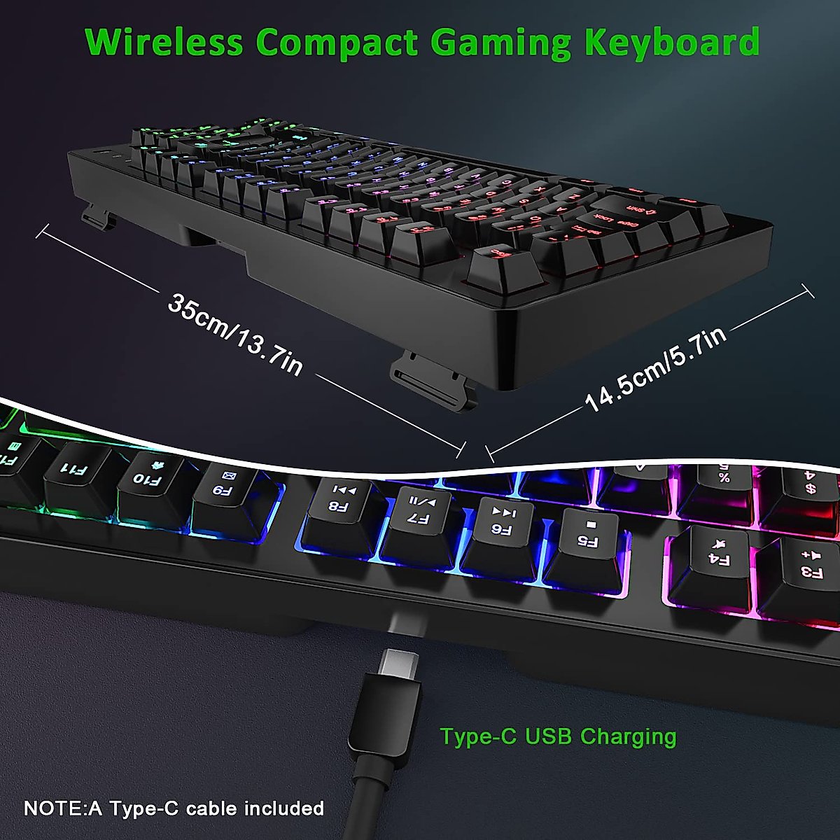 BlueFinger Wireless Gaming Keyboard, Rechargeable RGB Rainbow Backlit Gaming Keyboard, Compact 87 Keys Wireless Keyboard for Mac Laptop Computer PC Gamer