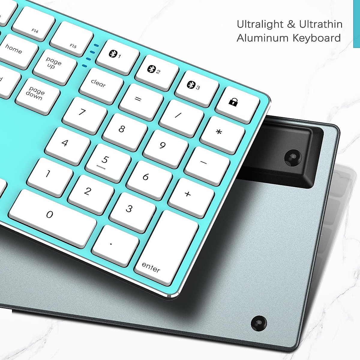JOYACCESS Bluetooth Multi-Device Wireless Slim Quiet QWERTY Keyboard with Numeric Keypad, Profile Aluminum Keyboard for Laptop, Computer, PC, Windows (Blue & White)