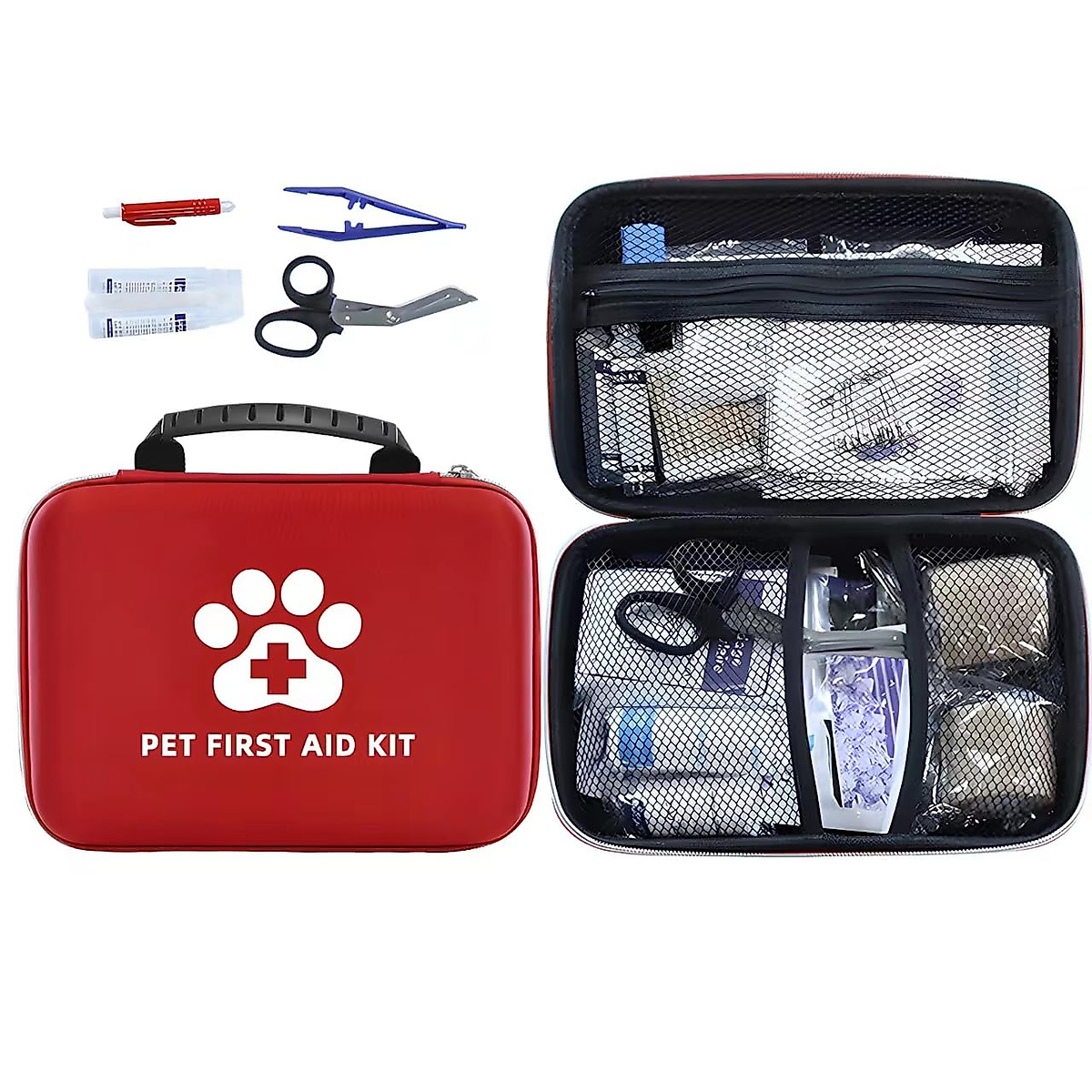 GongXueShu Dog First Aid Kit Home Travel Car First Aid Kit Emergency Kit Dog Travel Accessories – Pet Camping Essentials 101 Pieces with Thermometer and Mini First Aid Pouch & Emergency Collar, Red