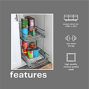 Household Essentials Glidez Slide Out Cabinet Organizer, 11.5” Wide, Durable Chrome-Plated Steel Frame, Dual Baskets and Smooth Glides, Heavy-Duty and Space-Optimizing, Simple Assembly and Installation, Chrome