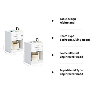 Tiptiper Nightstand Set of 2 with Charging Station, White Night Stands for Bedroom, End Table Side Stand Cabinet, Bedside Table with Drawers