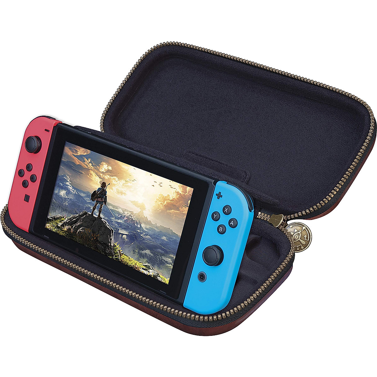 Officially Licensed Nintendo Switch Deluxe Zelda Link Travel Case – Premium Hard Case Made with Koskin Saddle Leather Embossed with Zelda Breath of The Wild Art 2 Game Cases