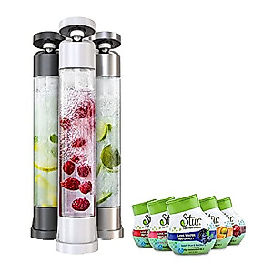 FIZZpod Soda Maker With TWO CO2 Cylinder- Fizzy Drink Machine with 3 PET Bottles, 3 Caps, 1 Carbonator Cap and Manual - Make Homemade Sparkle Water, Juice, Coffee, Tea and Cocktail Drinks with Fruit (Black + 2 CO2 + Stur Drink Mix)