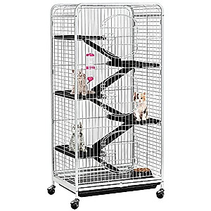 Yaheetech Large Rolling Cat Kitten Cage 6-Tier 52" Metal Kitten House for Ferret Chinchilla Rabbit Squirrels w/ 3 Front Doors/Pet Bowl/Water Bottle White
