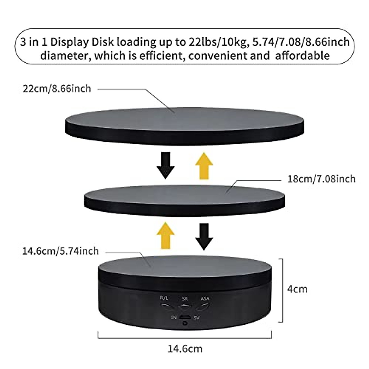 3 in 1 Motorized Rotating Display Stand with 5.74/7.08/8.66 inch Replacement Cover, 360 Degree Turner Cup Rotating Display Stand for Photography Products and Video Show,Max Load 22Lbs