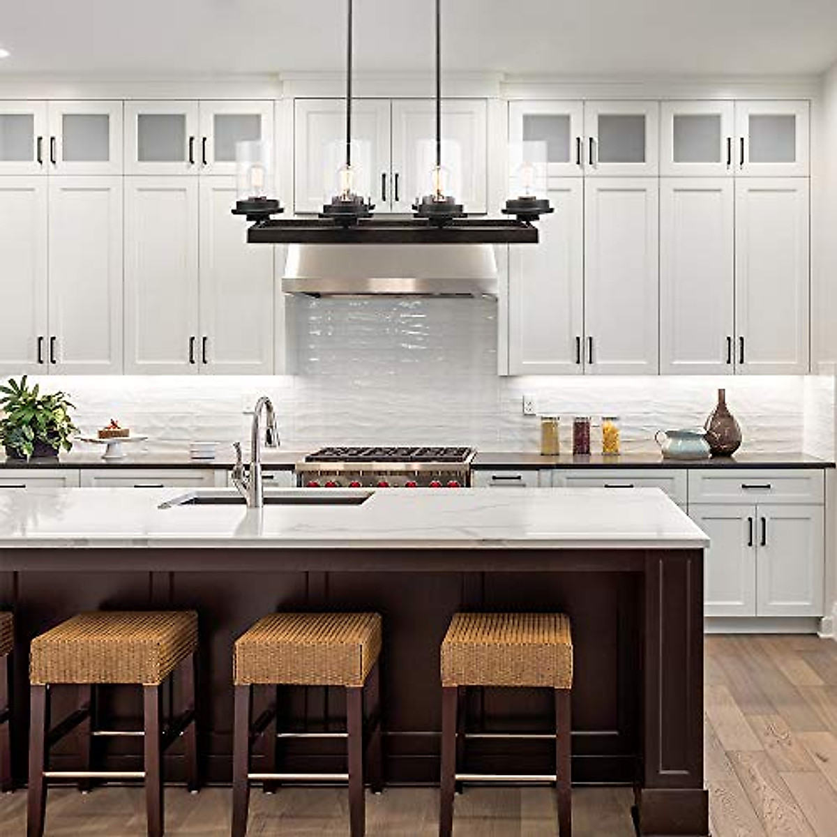 Globe Electric 60317 Williamsburg 6-Light Chandelier, Dark Bronze, Faux Wood Accent, Clear Glass Shades