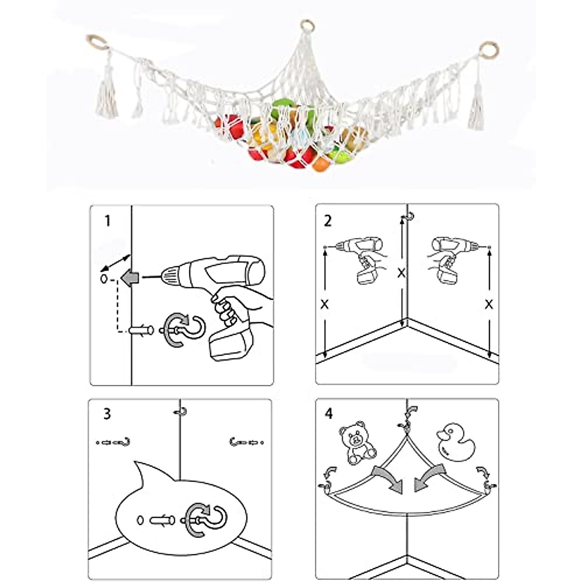 TRASUN Stuffed Animal Hammock Toy Net Plush Toy Hanging Organizer with Macrame Tassels Stuffed Animal Holder Display Corner Boho Large Storage Mesh Net for Playroom Bedroom (40" x 40" x 60", White)
