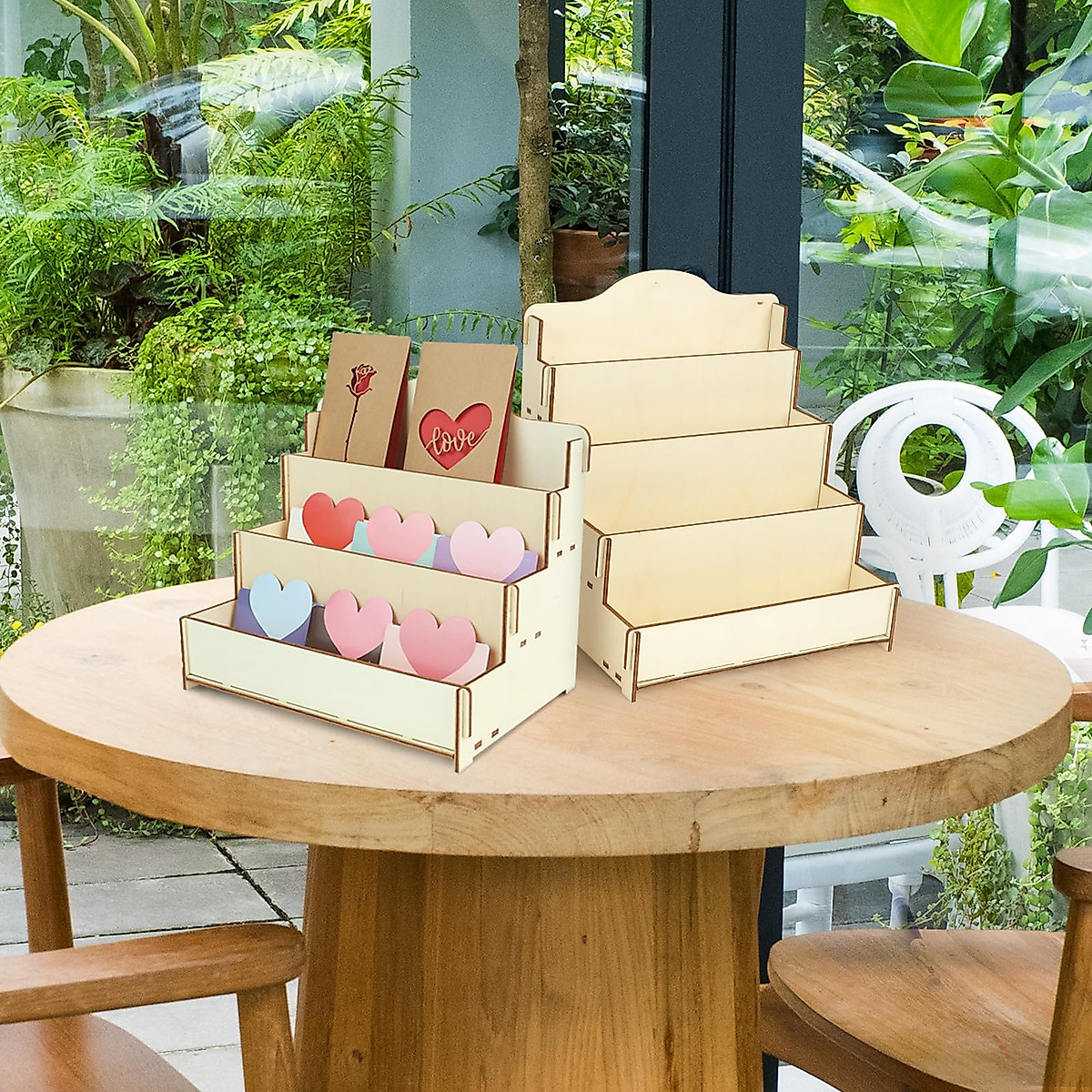 2 Pcs 3/4 Tier Greeting Card Display Stand Wooden Stickers Display Risers Portable Blank Retail Display Shelves for Greeting Cards Photos Postcard Jewelry Comic Book Craft Counter Vendor Events