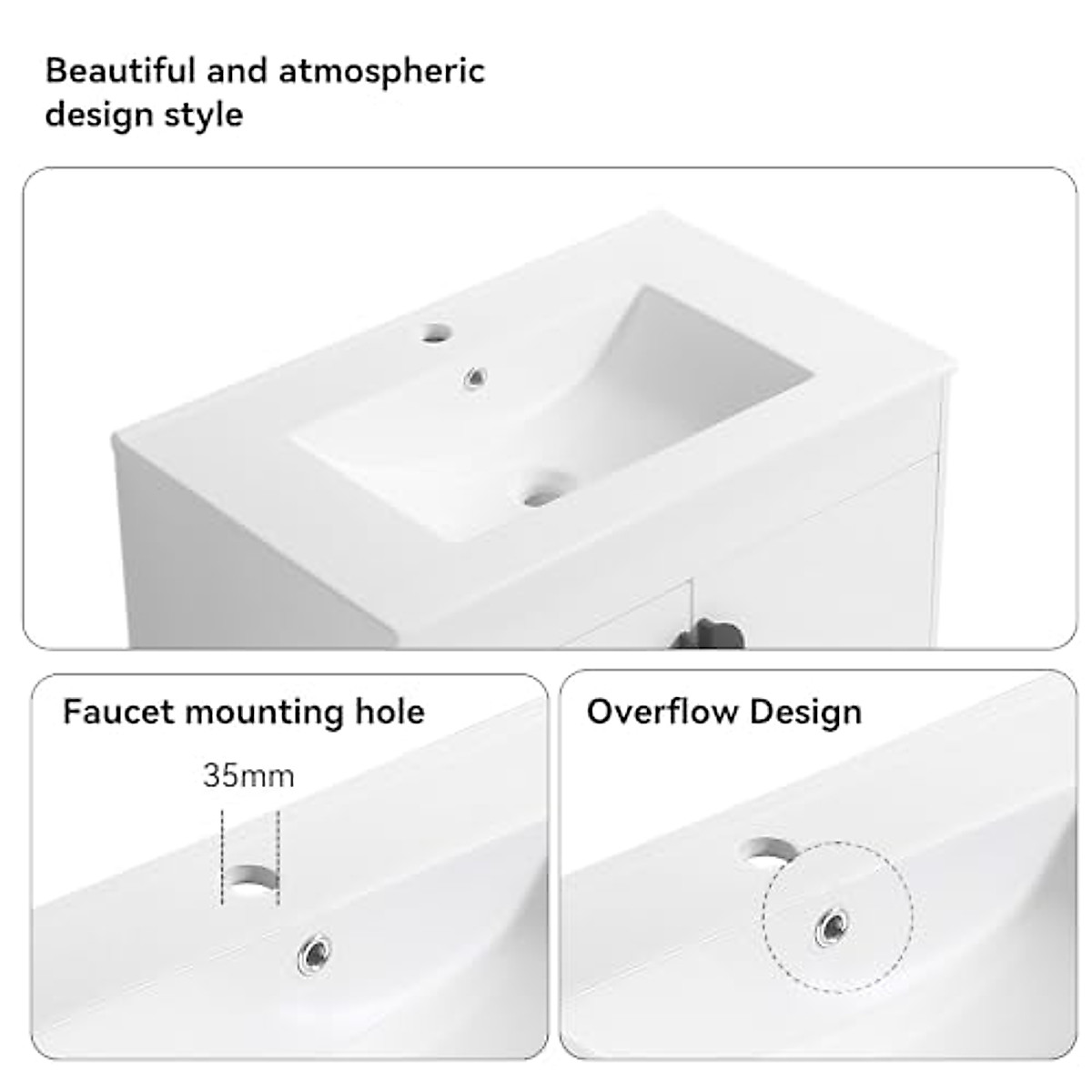 NOTOP 24" Bathroom Vanity with White Ceramic Sink Comb, Modern Freestanding Solid Wood Cabinet Set,Included Two Soft Close Doors with Black Zinc Alloy Handles & A Lower Open Shelf, 26IN