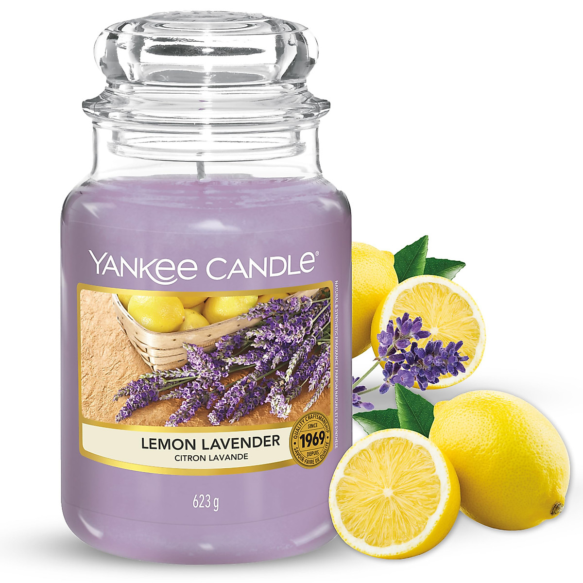 Yankee Candle Lemon Lavender Scented, Classic 22oz Large Jar Single Wick Candle, Over 110 Hours of Burn Time, Ideal for Gifting, Events, and Home Fragrance