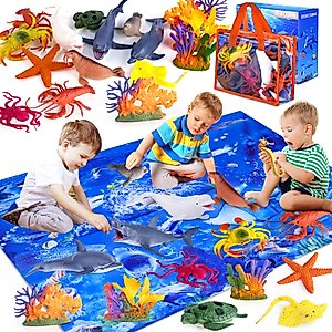 INNOCHEER Kids Ocean Animals Toys, Sea Animals Toys for Kids,18 Pack Ocean Toys for Kids Toddlers Boys Girls Age 3-8-12, Sea Creatures Toys Set for Kids with PlayMat Including Shark, Whale, Dolphin
