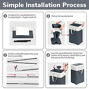 Goodpick Laundry Basket with Wheels, 75L Collapsible Tall Laundry Hamper, Large Laundry Basket with Removable Wash Bag for Corner Dorm, Rolling Slim Laundry Basket on Wheels, Grey&White