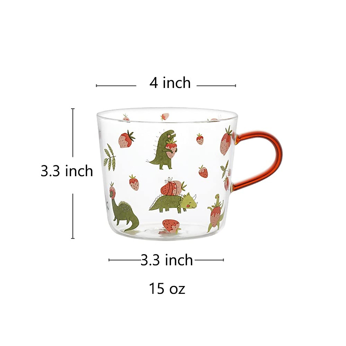 Sizikato Clear Glass Breakfast Cup with Handle, 15 Oz Milk Mug, Cute Dinosaur and Strawberry Pattern