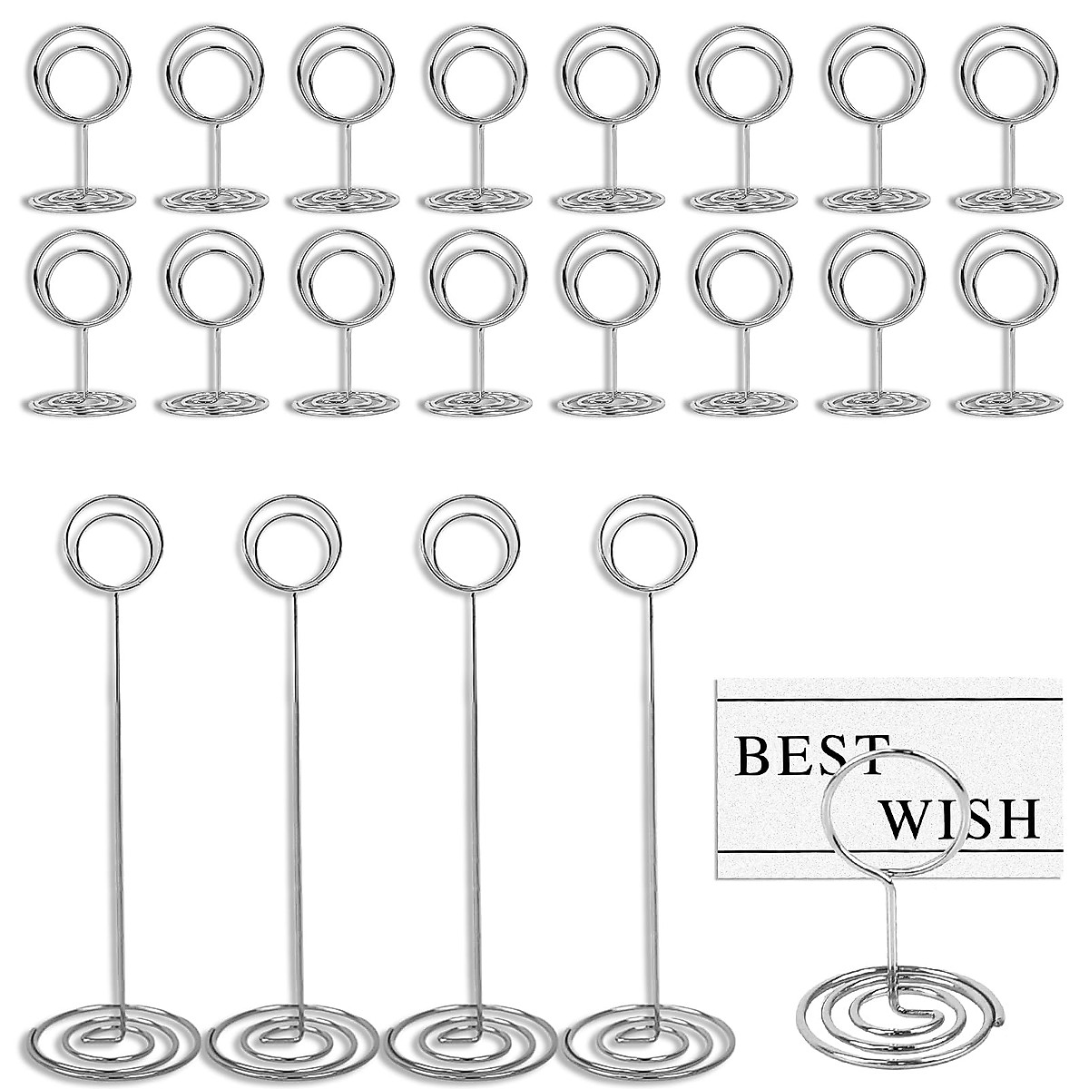 Beiskll Table Number Holders Mini+Tall, Place Card Holders, Photo Holders, Wire Picture Holders, for Wedding Anniversary Birthday Party (20PCS Silver)