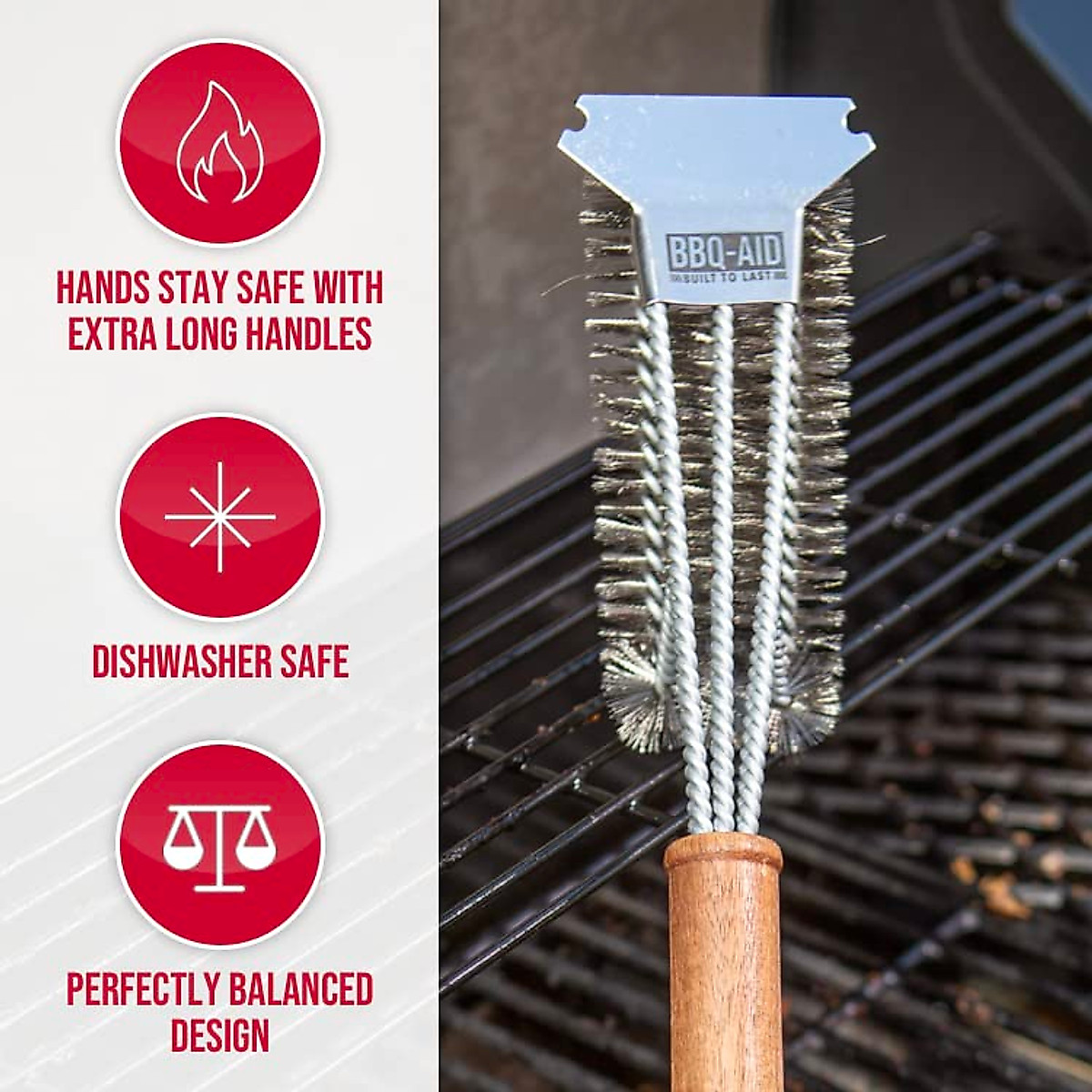 BBQ-AID All Angles BBQ Grill Brush for Outdoor Grill – Cleans All Angles, Large Wooden Handle, and Stainless Steel Bristles - BBQ Brush for Grill Cleaning – Grill Cleaner Brush Safe for BBQ and Grill