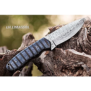 LH LIMASSOL 8 INCH Fixed Blade black Dollar Wood Custom Handmade Damascus Hunting knife/skinner knife/skinning knife with leather sheath