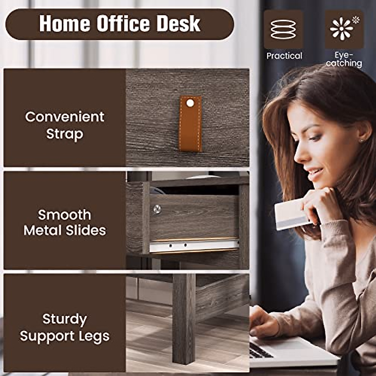 Tangkula Mid-Century Computer Desk with 2 Storage Drawers, Modern Home Office Desk with Storage Cubby, Study Writing Desk, Compact Laptop PC Desk Workstation, Wooden Vanity Desk for Bedroom (Grey)