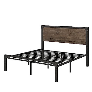 WEEWAY Queen Size Metal Platform Bed Frame with Wood Headboard, Industrial Rivets Design, Large Under Bed Storage, Mattress Foundation, No Box Spring Needed, Brown
