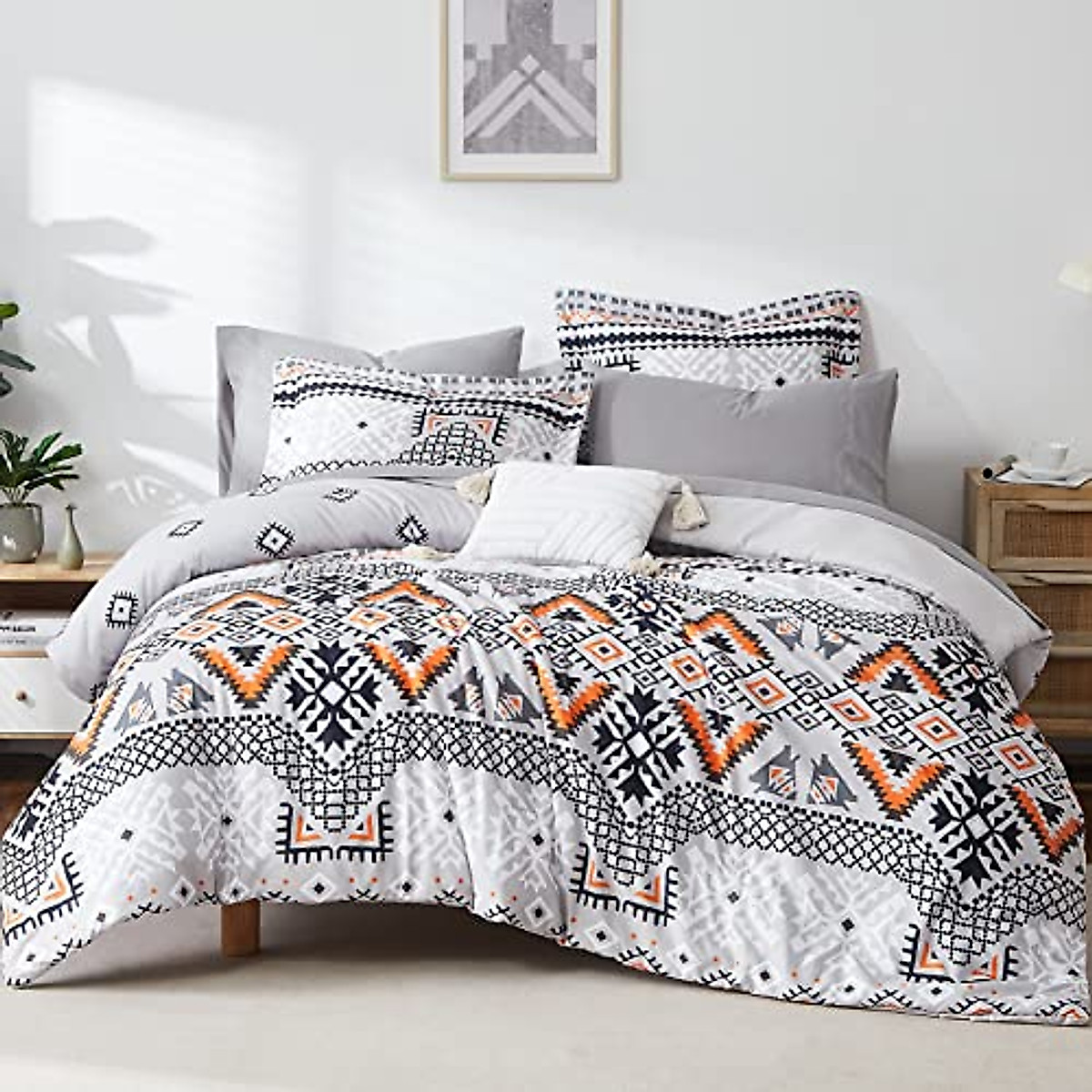 CASAAGUSTO Queen Comforter Set, 8 Pieces Gray Orange Boho Comforter Set, Microfiber Cozy Bohomian Bedding Set with Decor Pillow, Lightweight Breathable for All Seasons