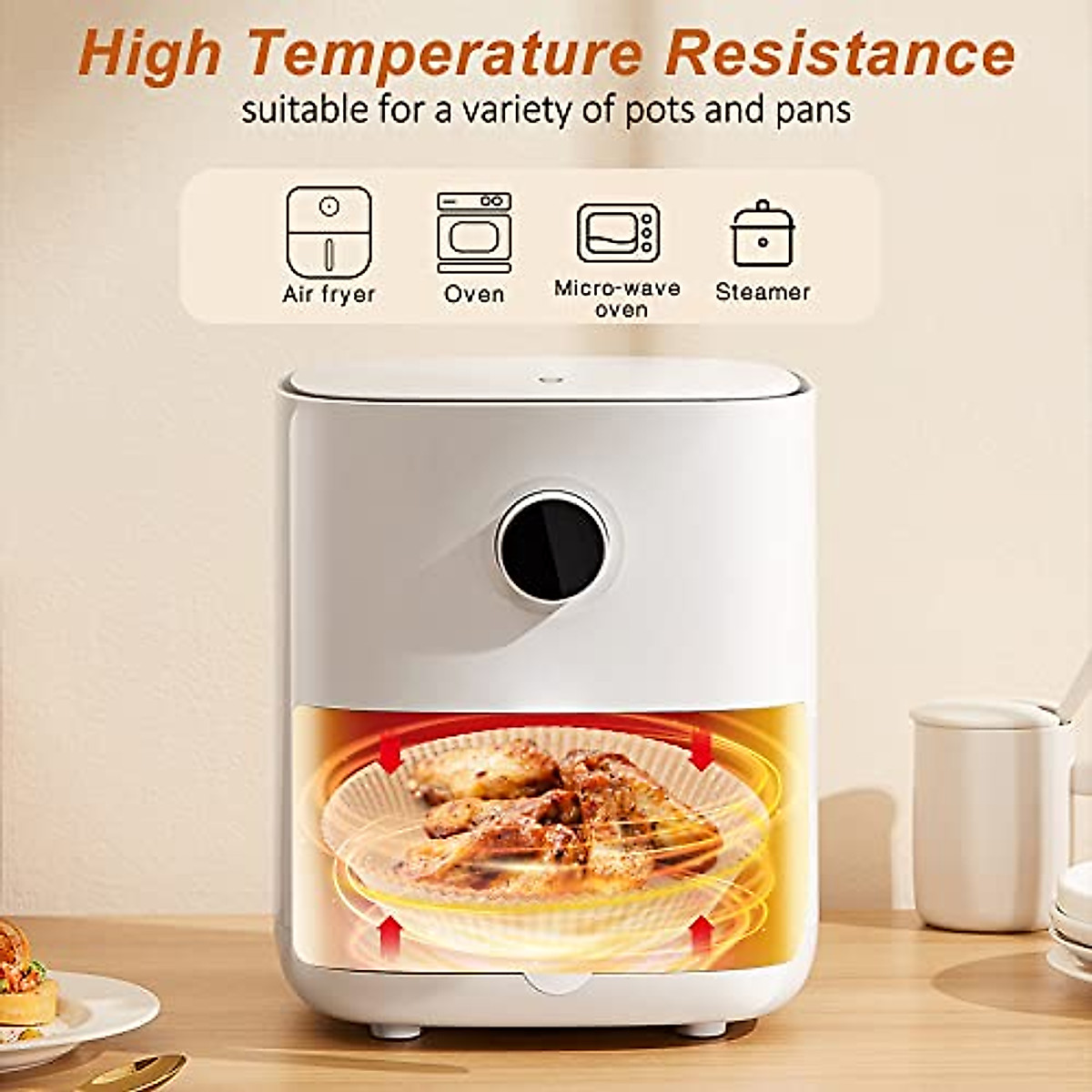 Macood Air Fryer Parchment Paper 6.3 Inch 100 PCS Oil-proof, Water-proof, Non-stick Non-stick Unbleached Food Grade Paper for Air Fryers/Baking/Cooking/Steaming Basket(Brown)