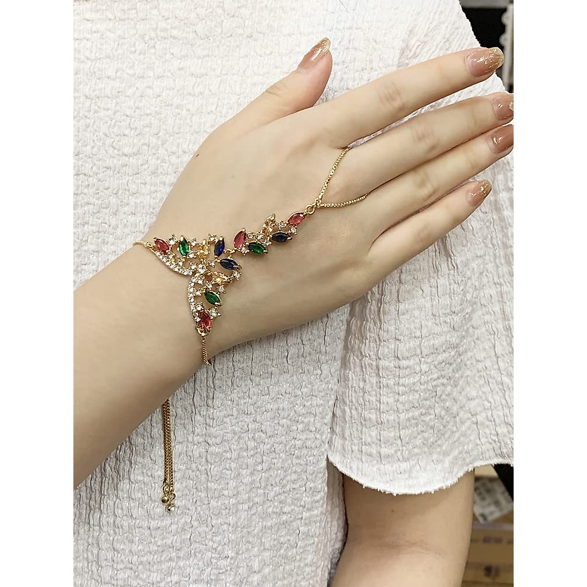 Boho Butterfly Finger Ring Bracelet for Women Girls 14K Gold Plated Colorful Cubic Zirconia Slave Hand Chain Harness Bangle Gypsy Bollywood Wedding Birthday Christmas Party Y2K Jewelry Delicate Gift