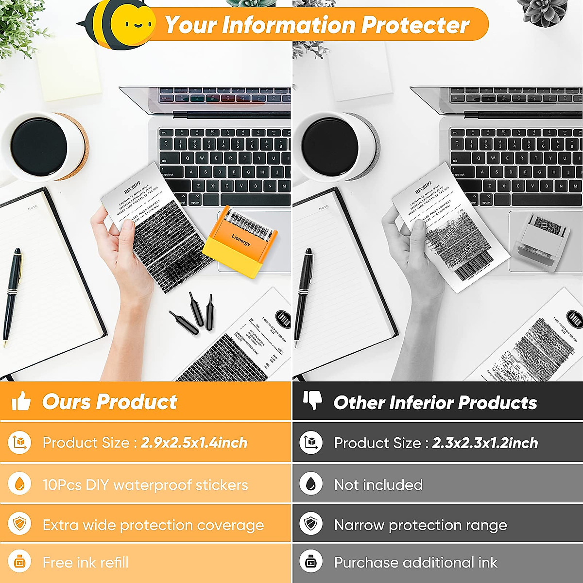 Identity Protection Roller Stamp LioNergy Extra Large Roller Identity Theft Prevention Security Stamp with 3 Refills, 10PCS Personalise Vinyl Waterproof Stickers –Orange Yellow