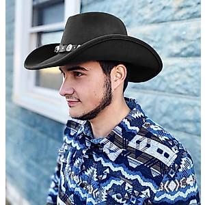 Eohak Womens Western Cowboy Hats Studded Pinched Western Cowgirl Hats Wide Brim Fedoras Hat with Belt Buckle （Size: M-L） (US, Alpha, Medium, Black)