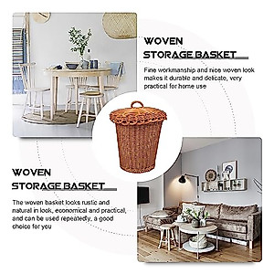 OUNONA Woven Storage Baskets with Lid: Round Wicker Waste Paper Basket Wastebasket Garbage Bin Trash Can for Bedroom Bathroom Kitchen Home Office