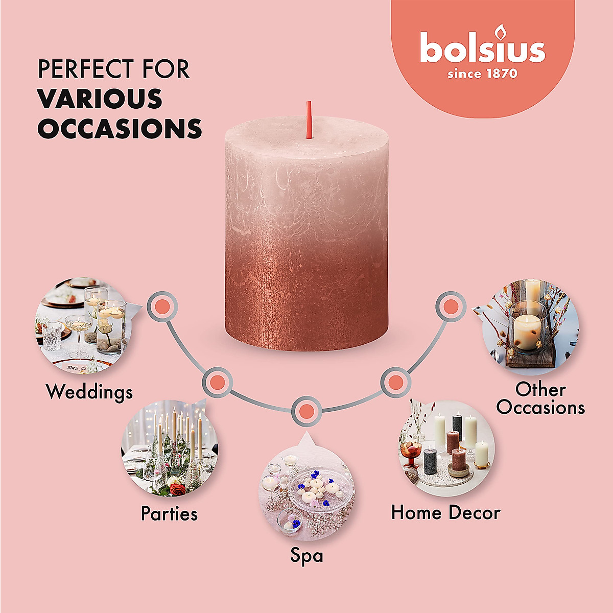 BOLSIUS 4 Pack Misty Pink/Amber Sunset Rustic Metallic Pillar Candles - 2.75 X 3.25 Inches - Fine European Quality - includes Natural Plant-Based Wax - Unscented Dripless Smokeless 35 Hour Candles