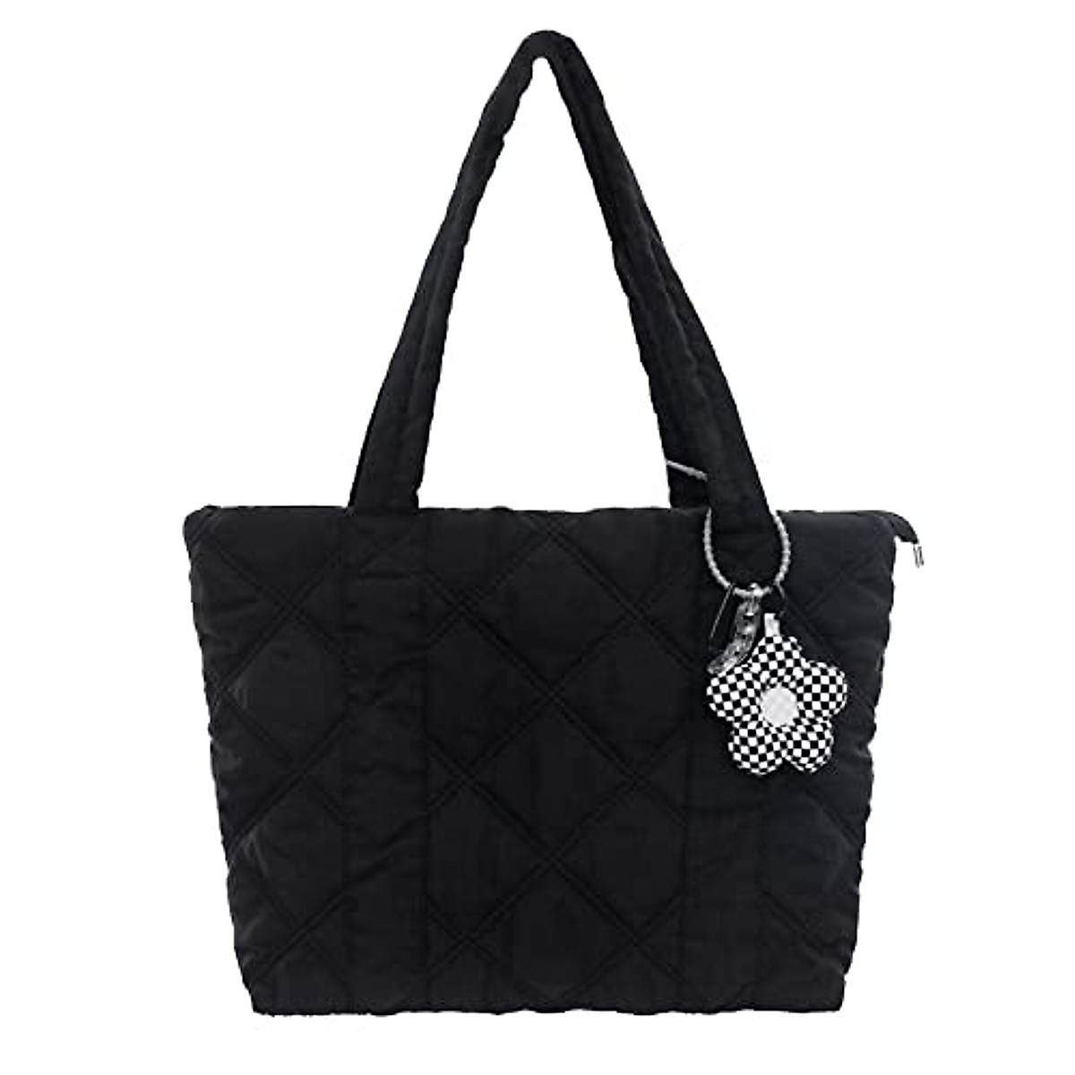 iSamzan Puffer Quilted Tote Bag for Women Puffy Padded Purse with Zipper Work School Nylon Soft Purse-Black