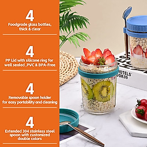 4 Pcs Portable Overnight Oats Containers with Lids and Spoons, 12 oz Mason Jars, Glass Jars with Measurement Marking, Reusable Yogurt Container for Cereal Fruit Salad